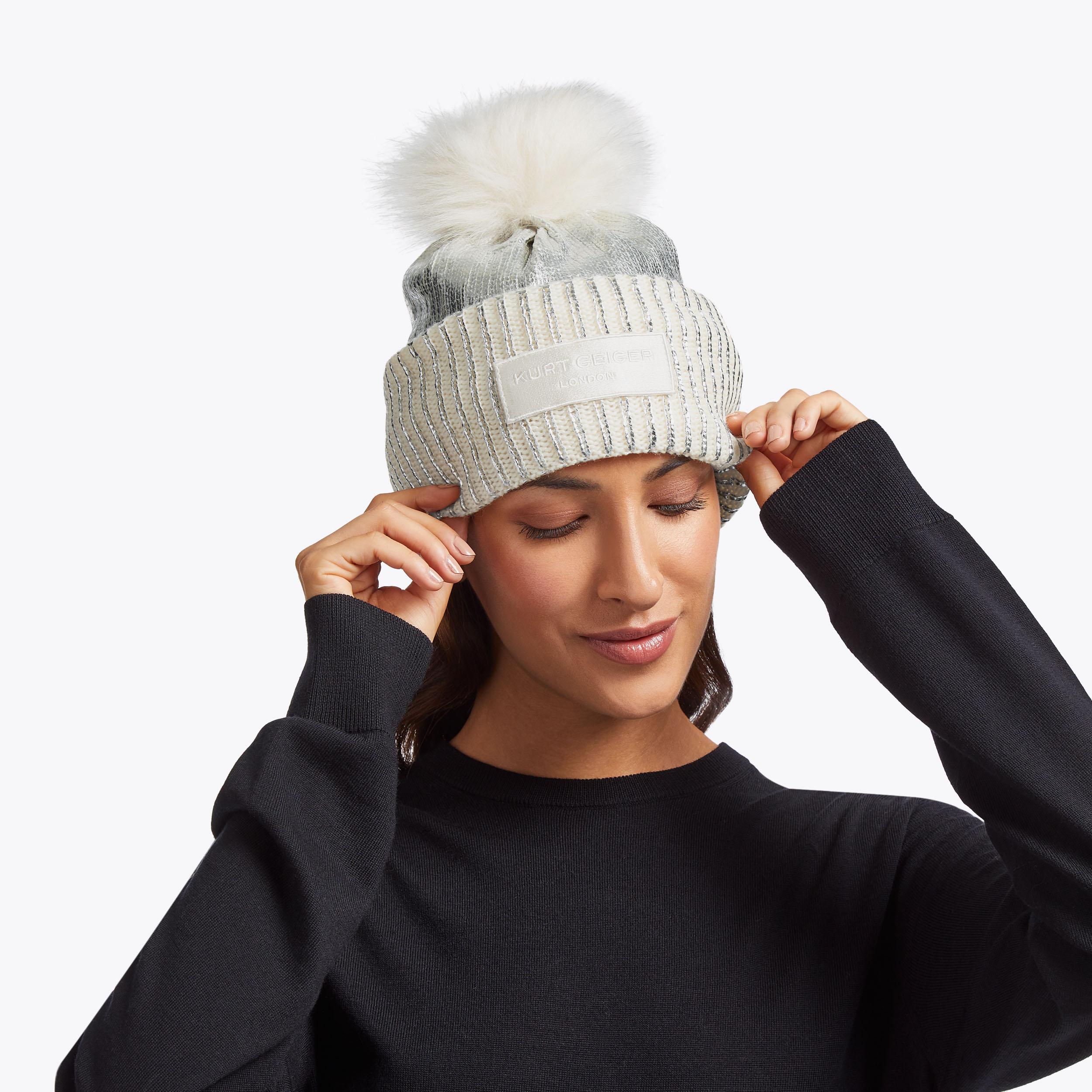 METALLIC RIB BEANIE While Metallic Beanie Hat by KURT GEIGER LONDON