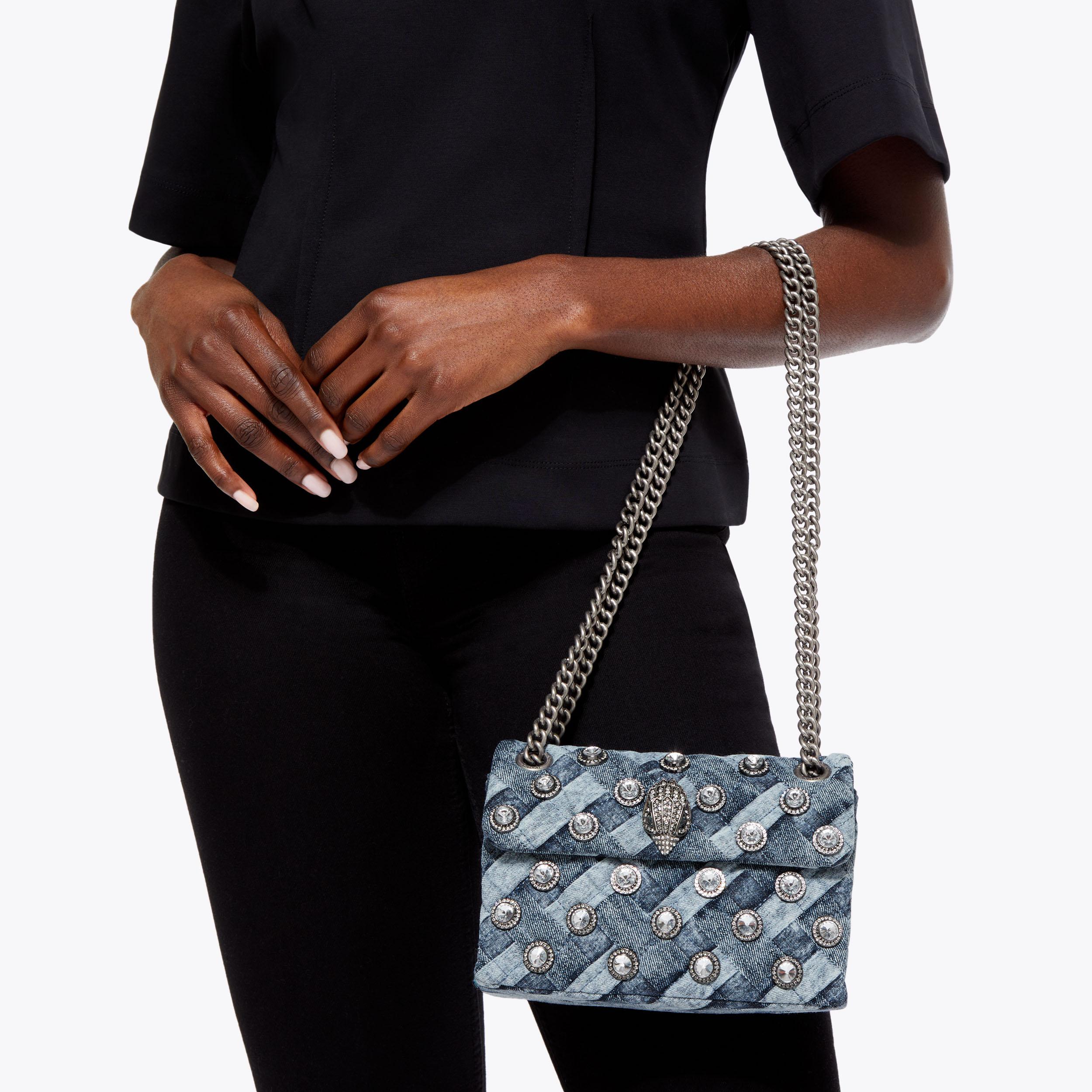 CRYSTALS MINI KENSINGTON Denim Crystal Cross Body Bag by KURT GEIGER LONDON