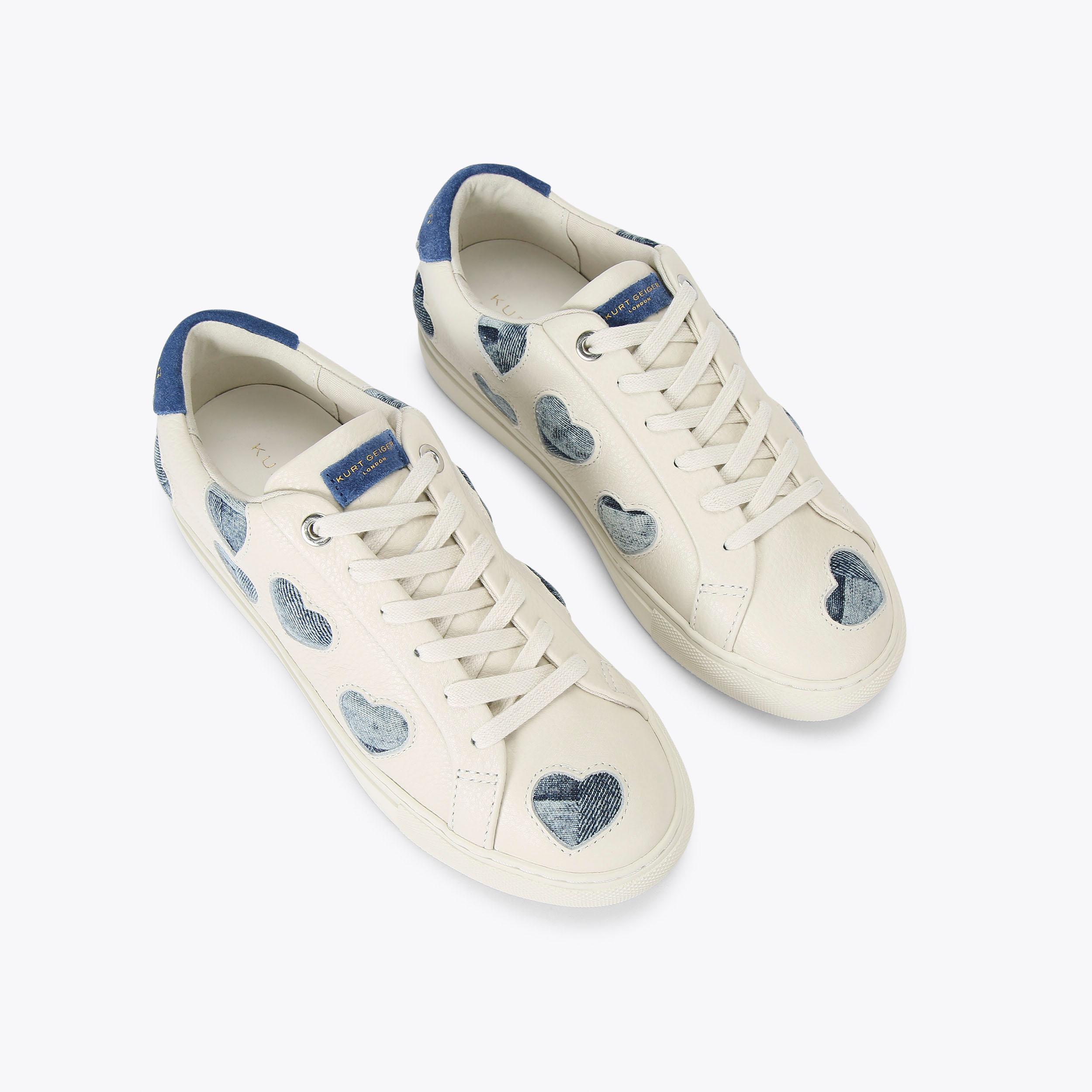 LANE LOVE White Denim Heart Sneakers by KURT GEIGER LONDON