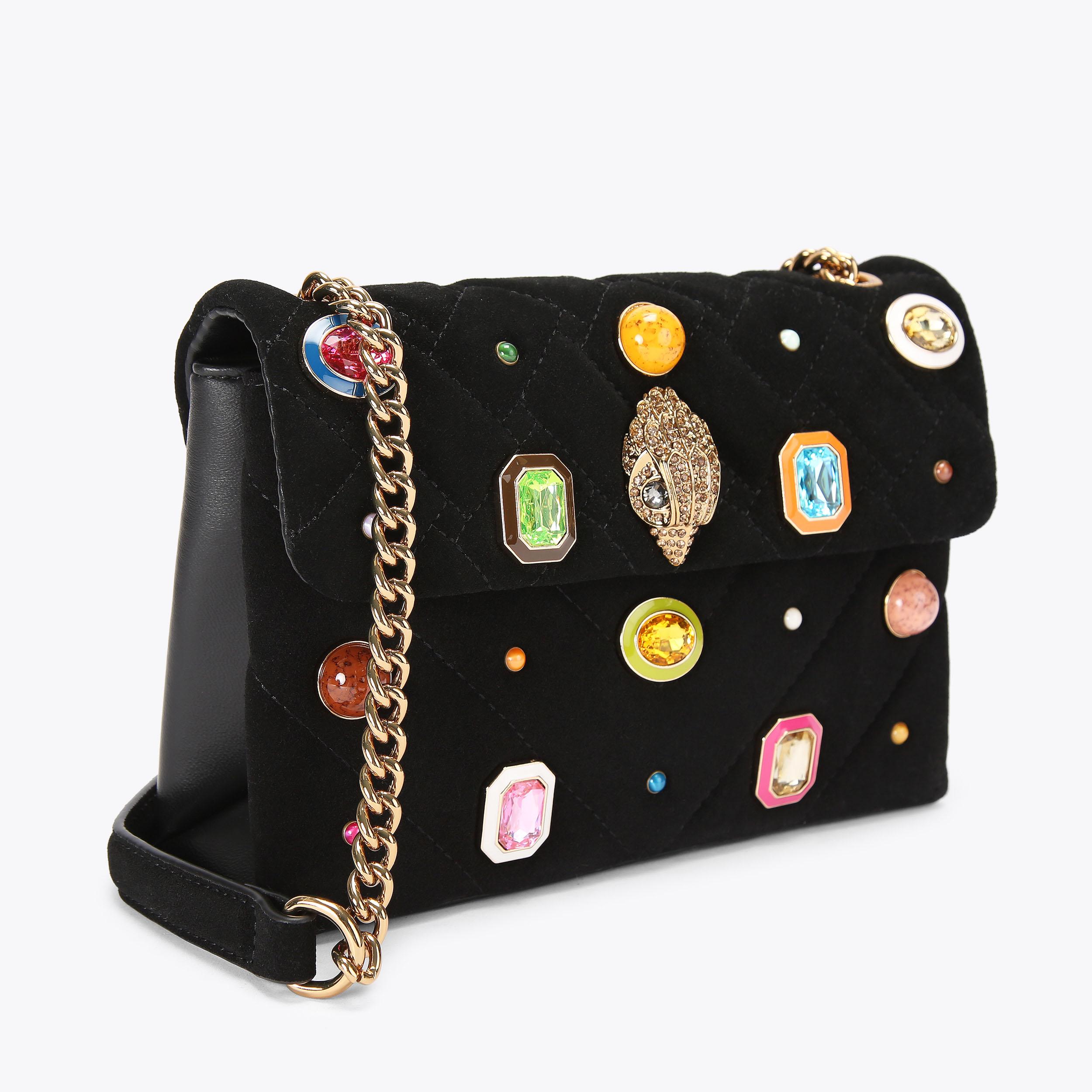 MEDIUM KENSINGTON GEMS Black Suede Cross Body Bag by KURT GEIGER LONDON