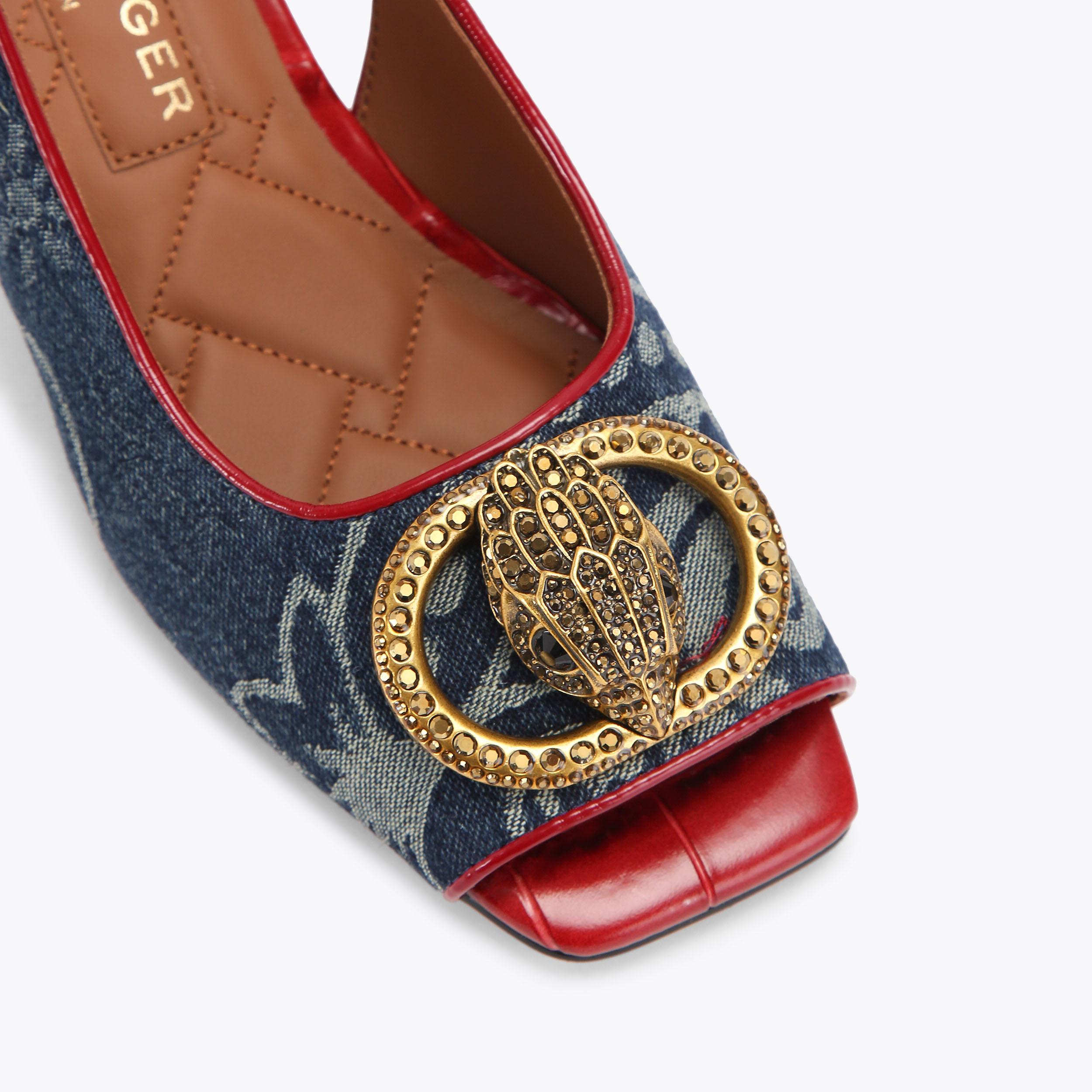CHELSEA BLOCK SQ SLING Paisley Denim Heel by KURT GEIGER LONDON