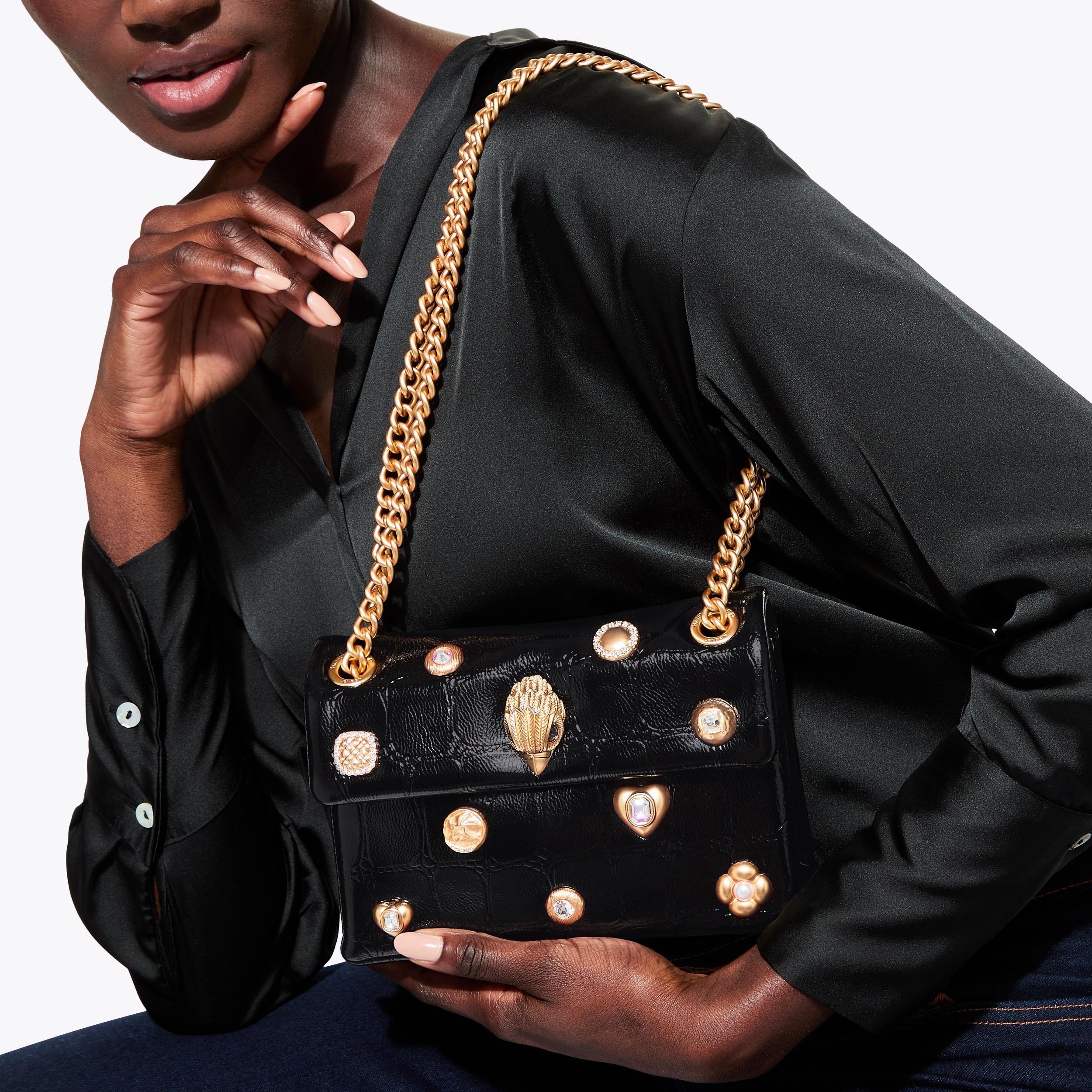 MINI KENSINGTON GEMS Black Croc Print Cross Body Bag by KURT GEIGER LONDON