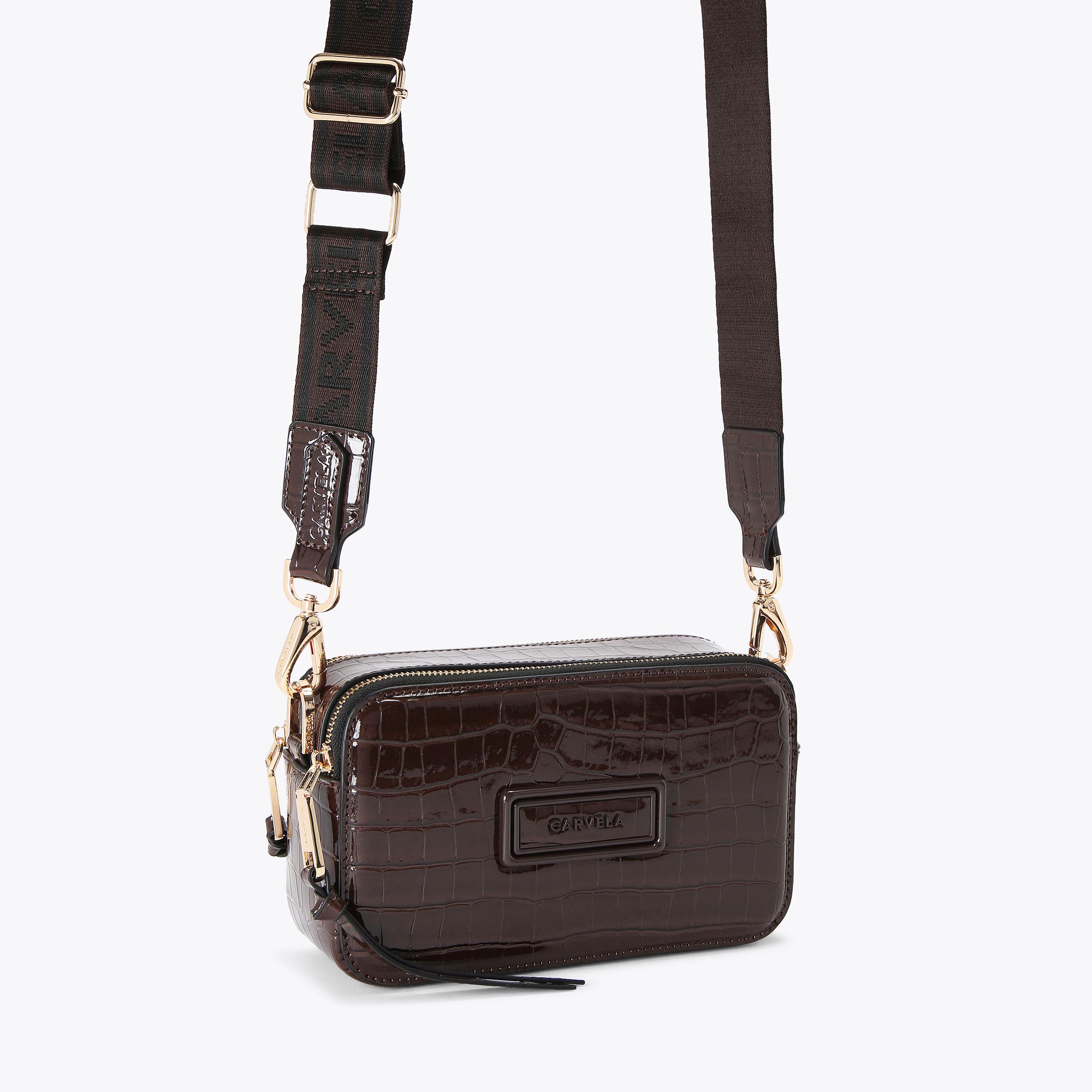 ROMA RECTANGLE CAMERA Brown Croc Print Cross Body Bag by CARVELA