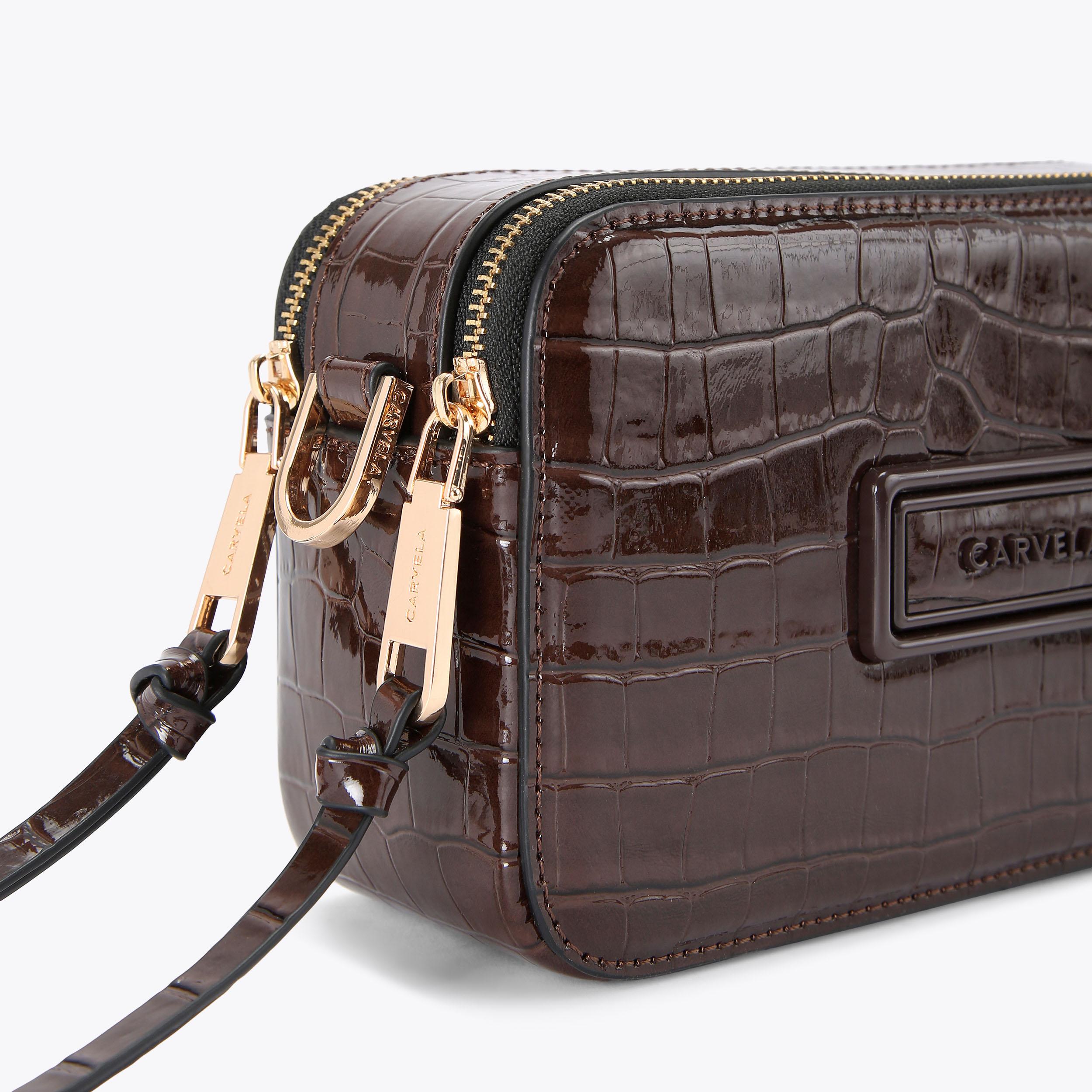 ROMA RECTANGLE CAMERA Brown Croc Print Cross Body Bag by CARVELA