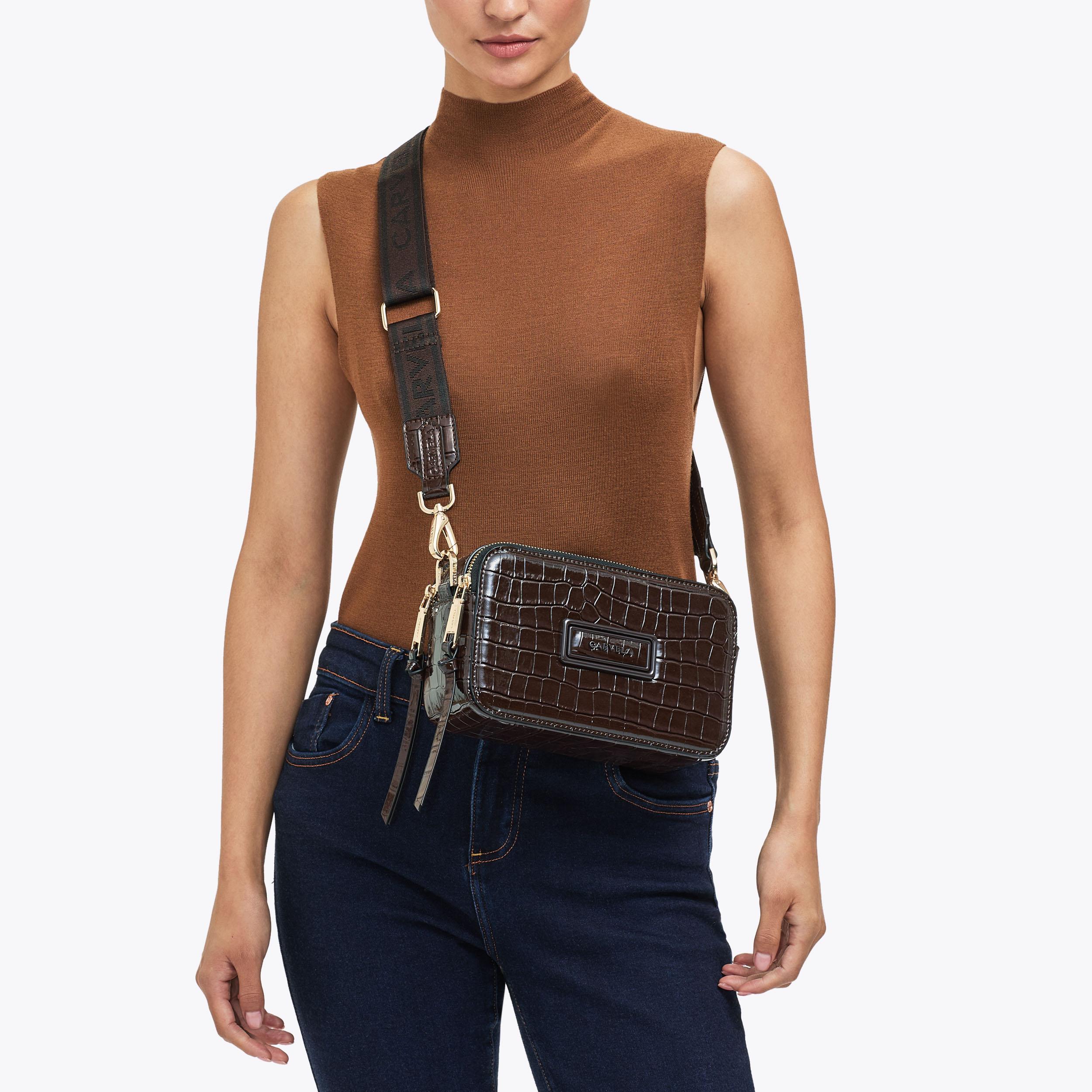 ROMA RECTANGLE CAMERA Brown Croc Print Cross Body Bag by CARVELA