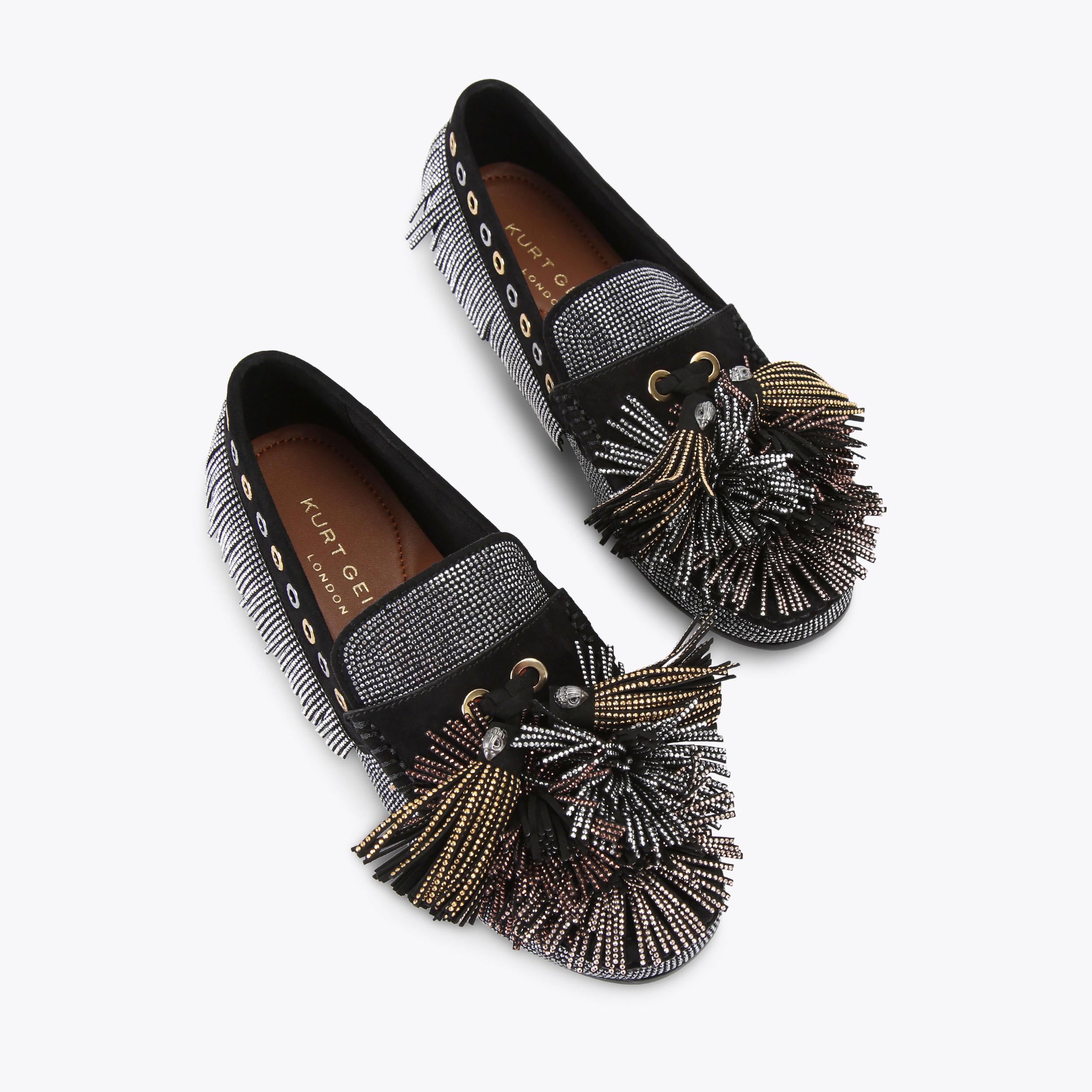 POM POM MOCCASIN Black Pom Pom Flats by KURT GEIGER LONDON
