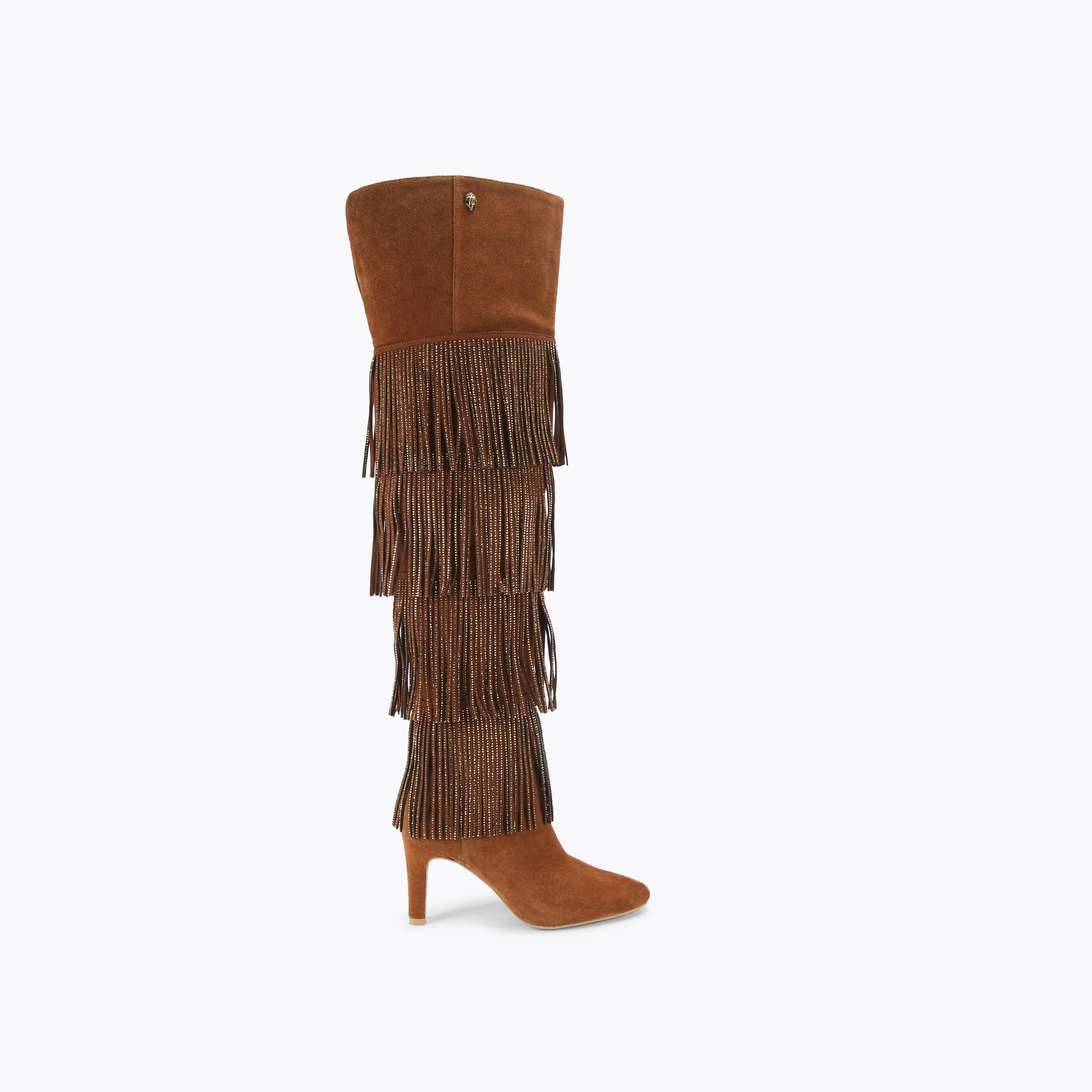 SHOREDITCH OTK BOOT Tan Suede Tassel Knee High Boot by KURT GEIGER LONDON