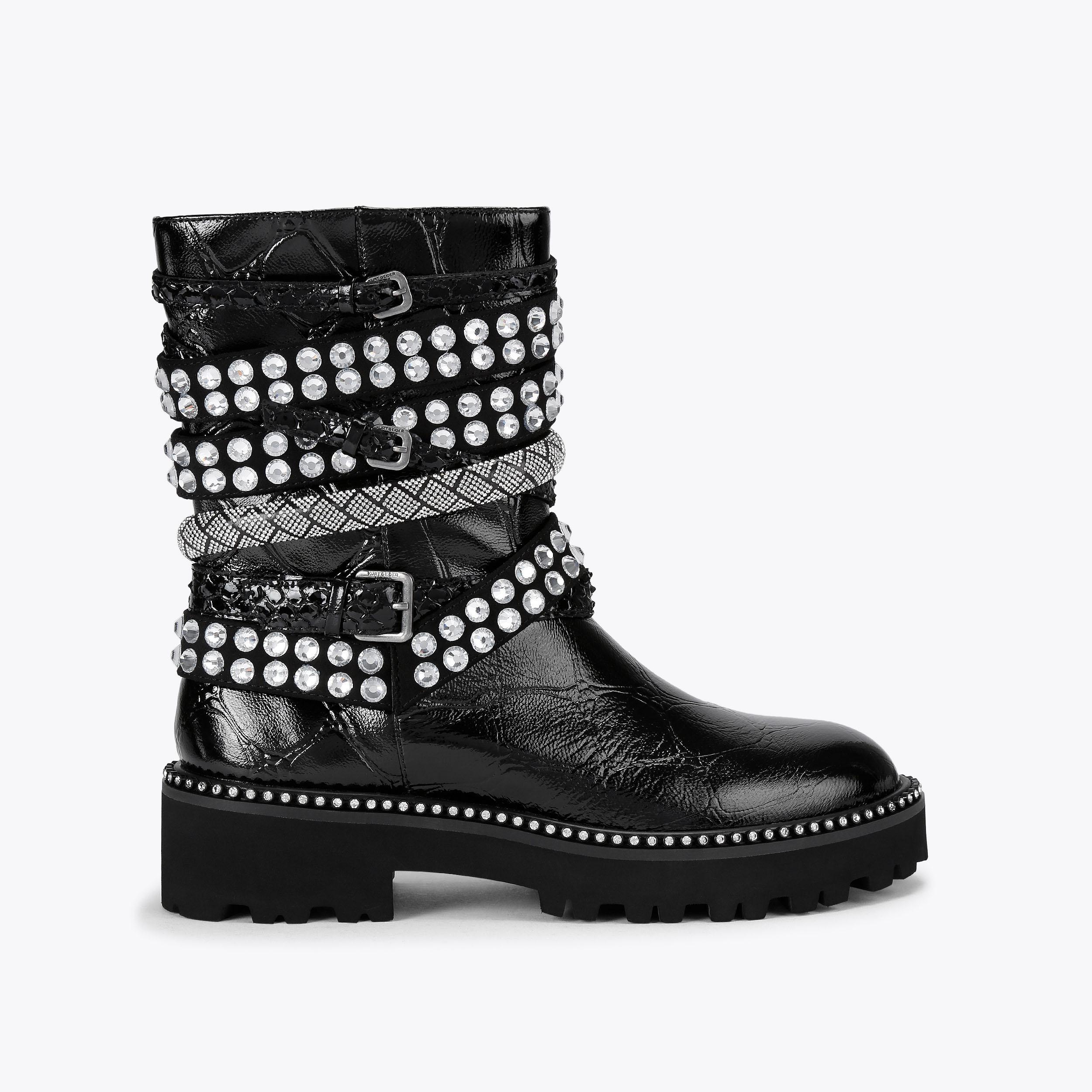 MULTI STRAP FLAT BOOT Black Patent Boots by KURT GEIGER LONDON