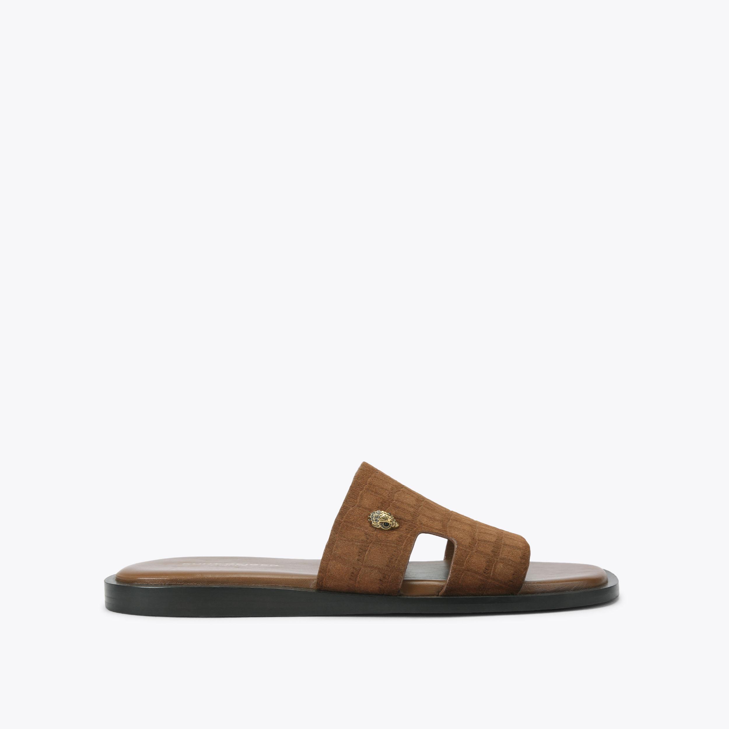 BOND CUTOUT SLIDE Tan Suede Croc Slide Sandal by Kurt Geiger London