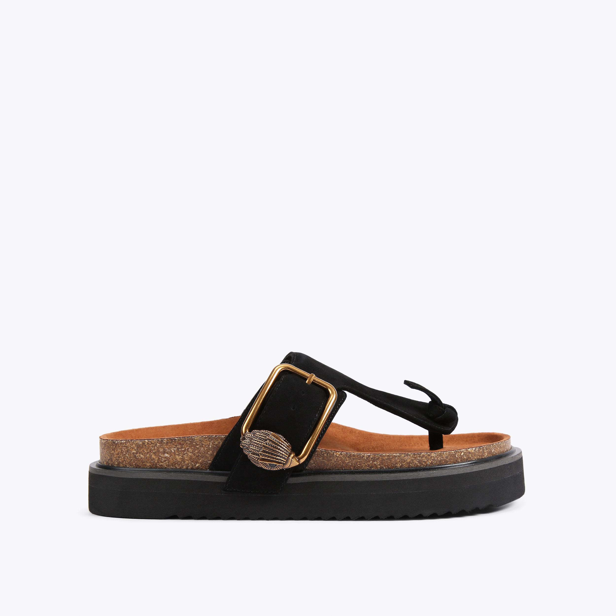EAGLE BUCKLE T-BAR SLIDES Black Suede Toe Post Sandals by KURT GEIGER ...