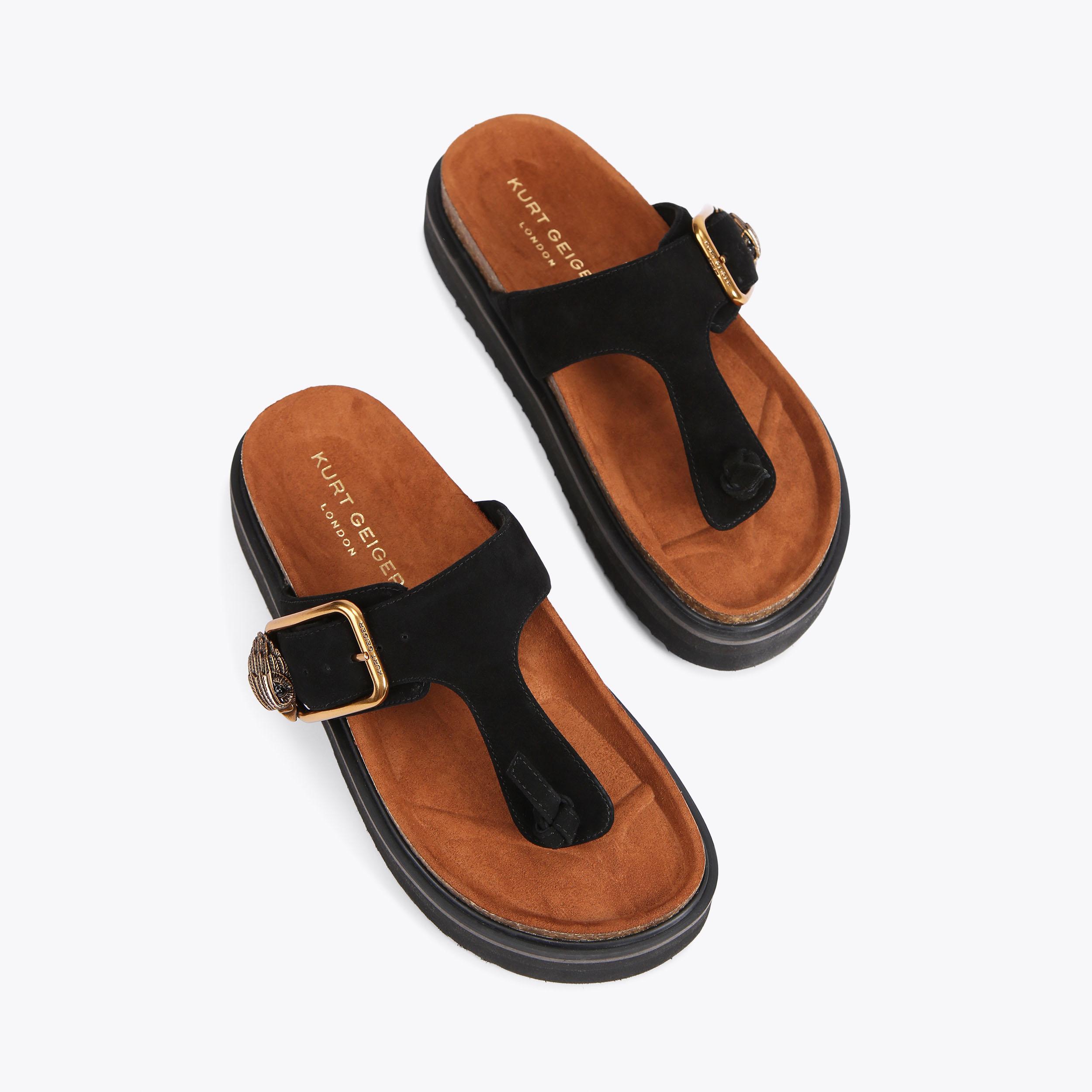 EAGLE BUCKLE T-BAR SLIDES Black Suede Toe Post Sandals by KURT GEIGER ...