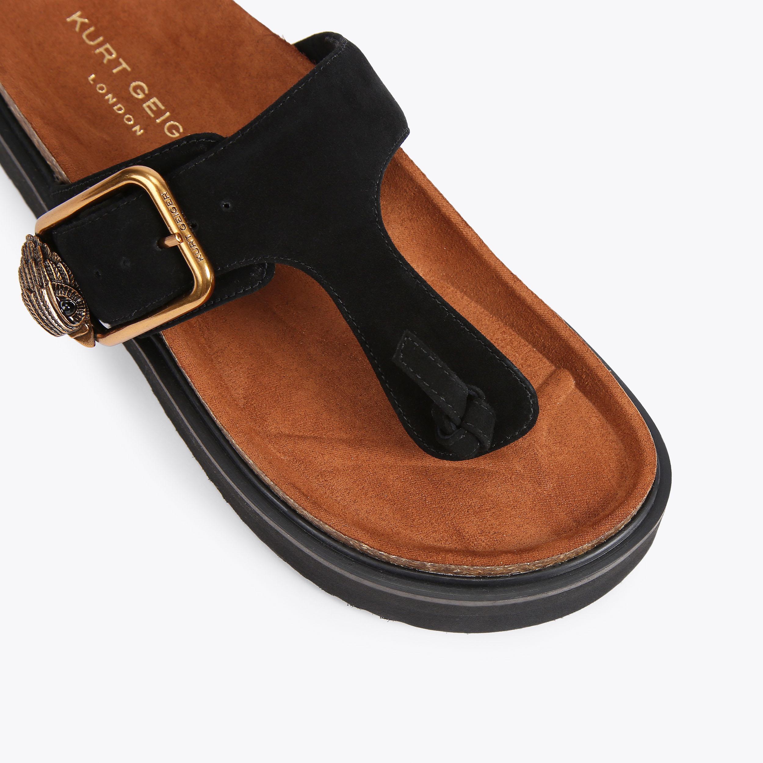 EAGLE BUCKLE T-BAR SLIDES Black Suede Toe Post Sandals by KURT GEIGER ...