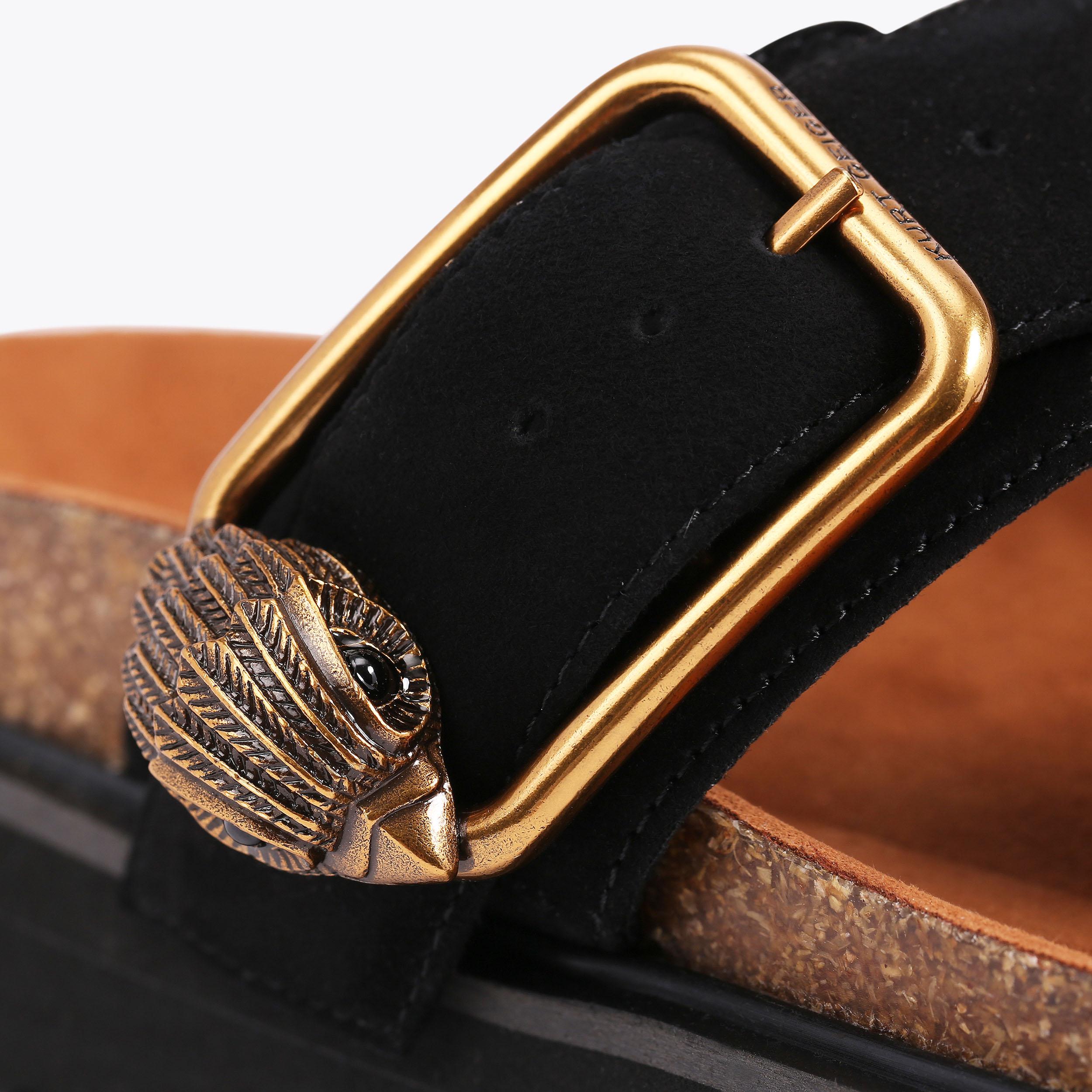 EAGLE BUCKLE T-BAR SLIDES Black Suede Toe Post Sandals by KURT GEIGER ...
